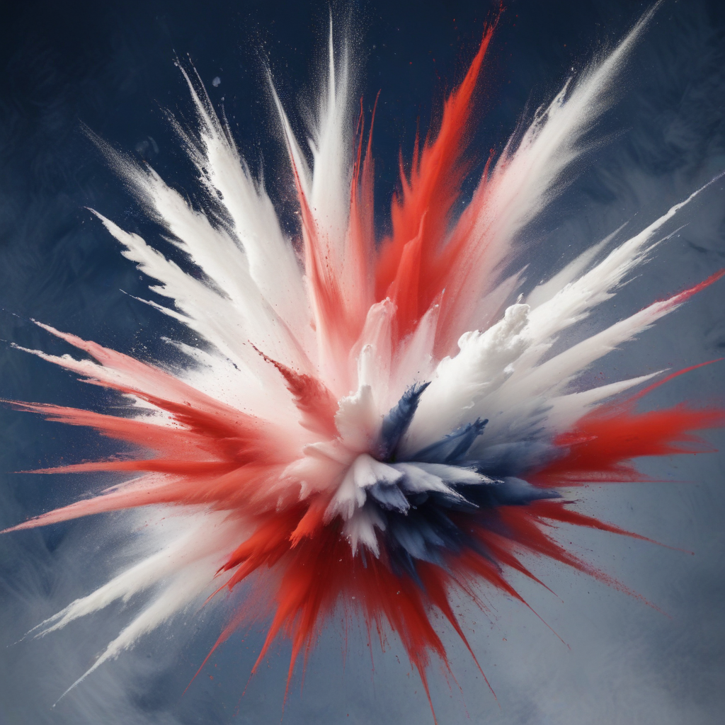 red, white, and navy blue powder explosion from the center of background