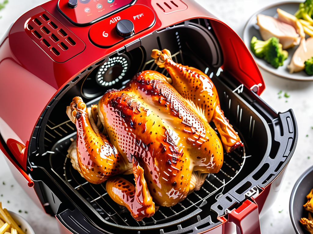 Deliciously Roasted Chicken Cooking in a Bright Red Air Fryer