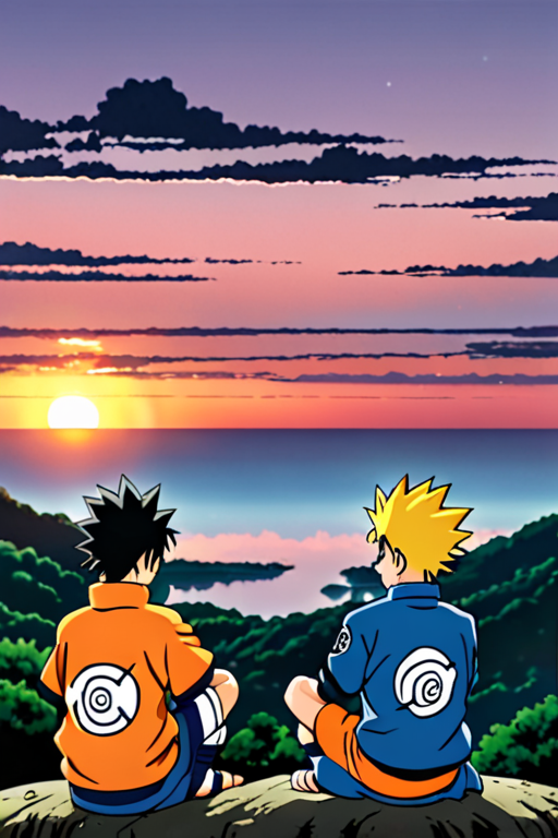 naruto and goku looking at the sunset, sitting together