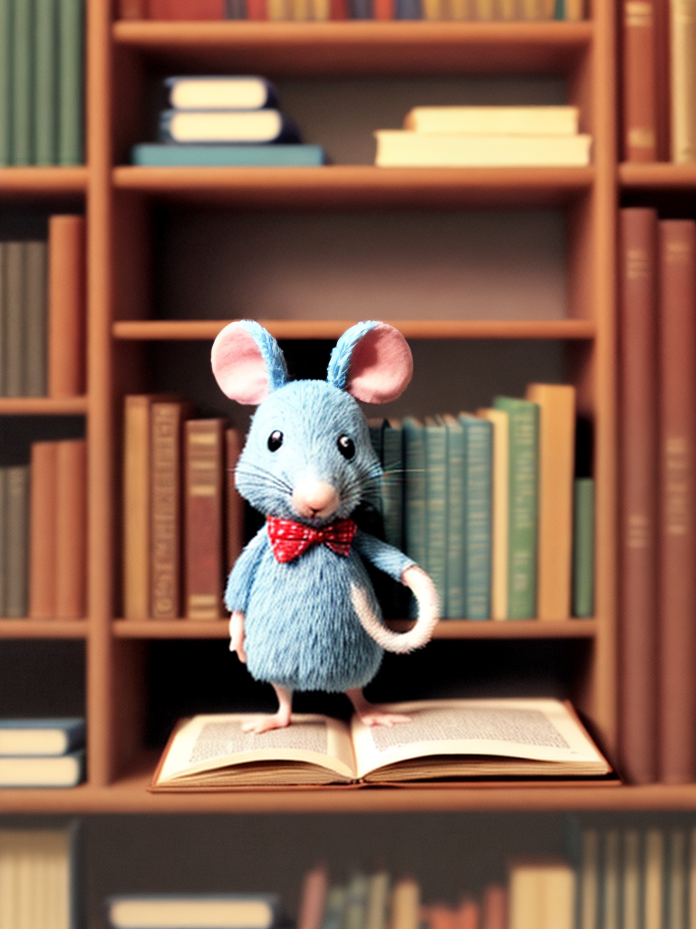 cartoon mouse inside a library full of books reading a book about magic