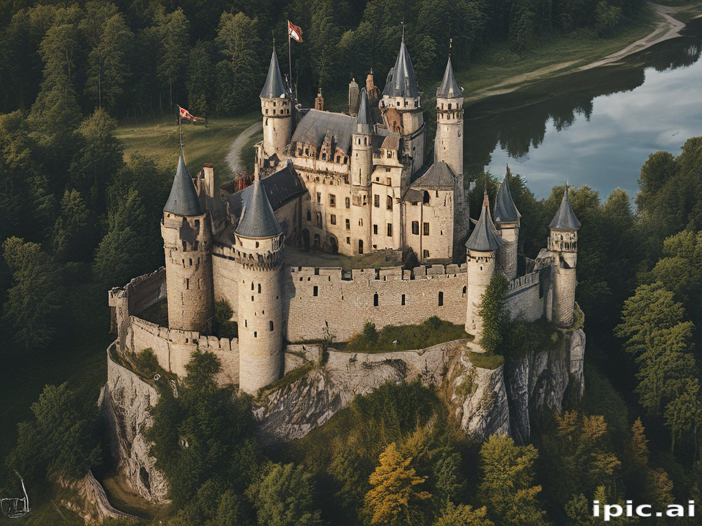 Majestic Castle Surrounded by Lush Forests and Serene River Landscape