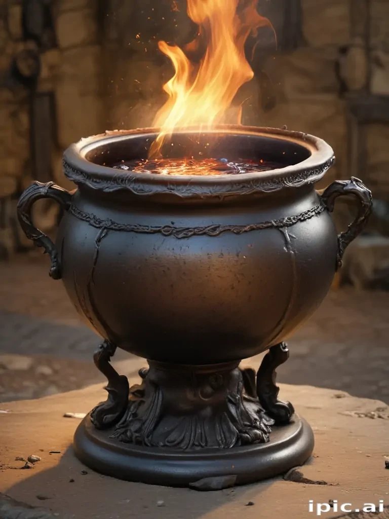 Majestic Black Cauldron with Fiery Flames Dancing in the Night