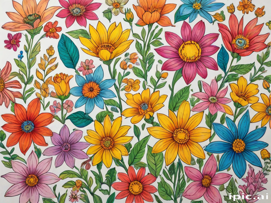 Vibrant Floral Pattern Featuring a Variety of Colorful Blooms and Leaves