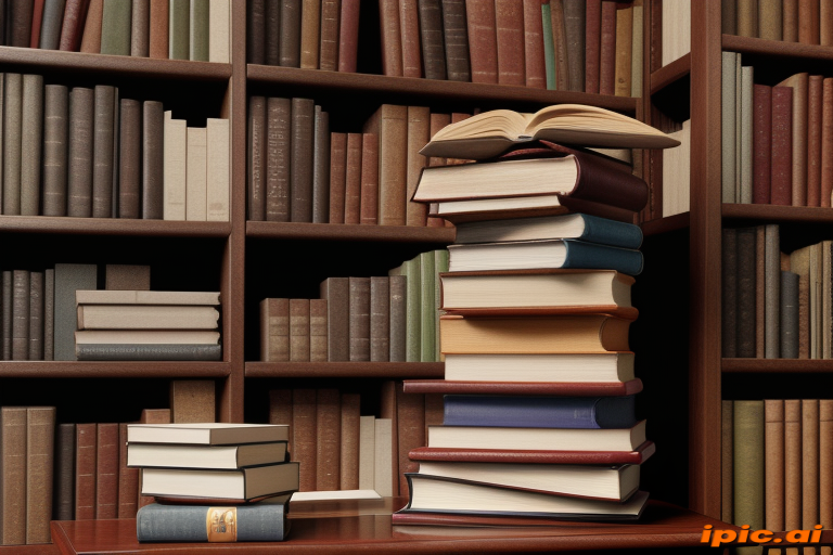 A Cozy Library Scene Featuring Stacked Books on a Wooden Shelf