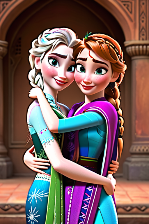 Elsa and Anna hugs together in saree indian smile frozen disney smile ...
