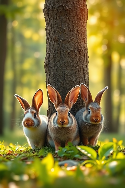 Three Adorable Rabbits Playfully Gathered Beneath a Majestic Tree in ...
