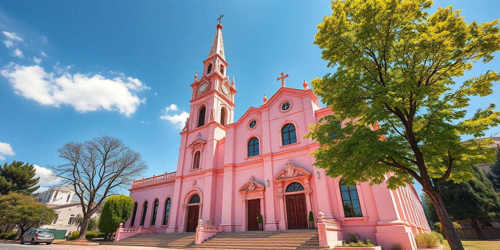 photograph of an ornate pink church with a tall spire and clock ...