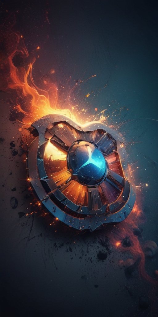 An Enchanted Shield Surrounded by Fiery Sparks and Cosmic Energy