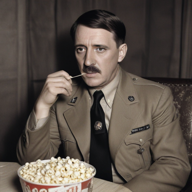 realistic adolf hitler eating popcorn watching mickey mouse movie