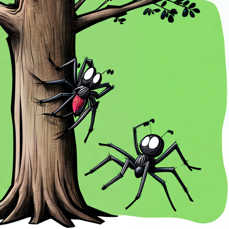 spider crawling up a tree, cartoon style