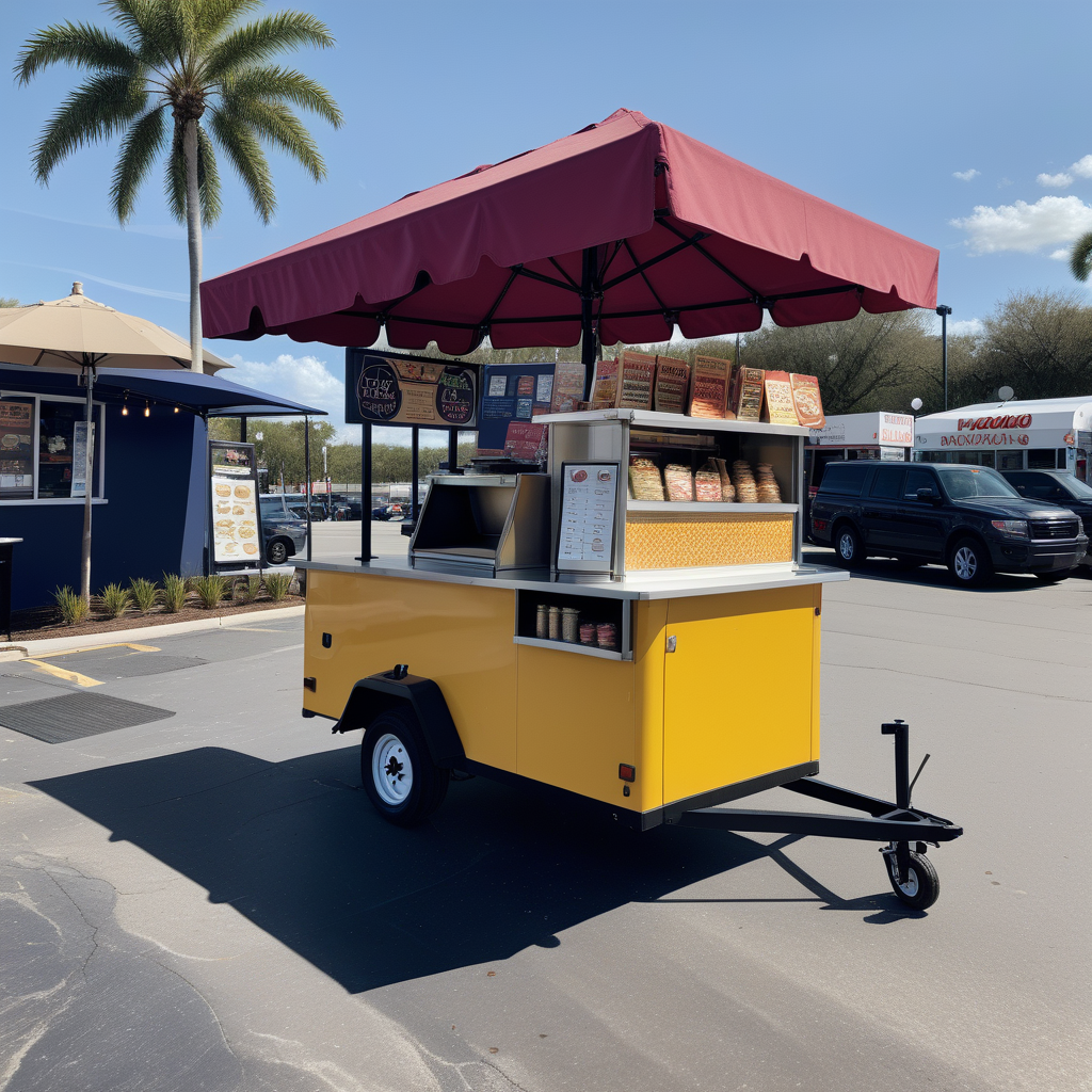Bright Yellow Food Cart with Red Canopy Serving Snacks Under Sunny Sky