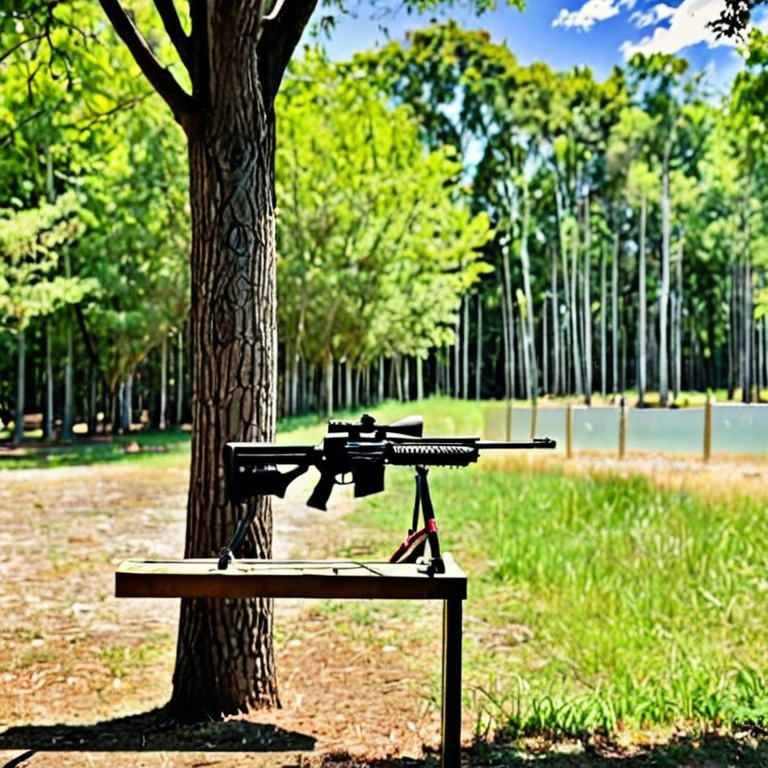 outdoor gun range with trees in the background, beautiful day, bookeh