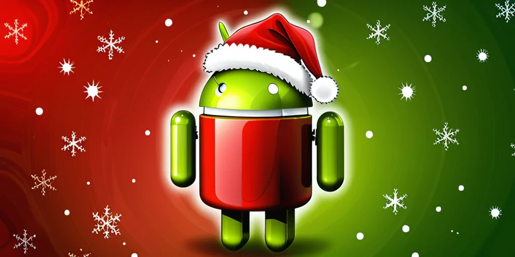 Festive Android Mascot Dressed in Santa Hat Celebrating the Holiday Season