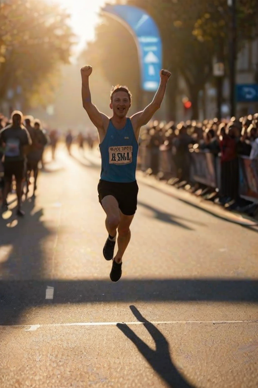 Runner Celebrates Victorious Finish at Marathon with Joyful Leap of Triumph