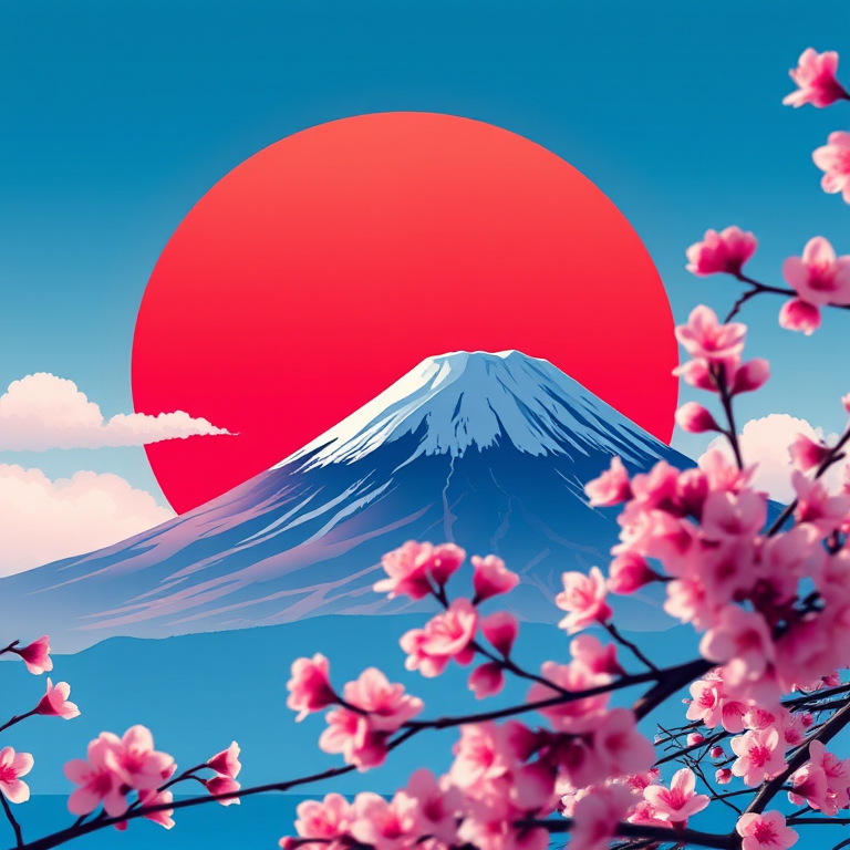 Serene Landscape of Mount Fuji Under a Vibrant Red Sun and Cherry Blossoms