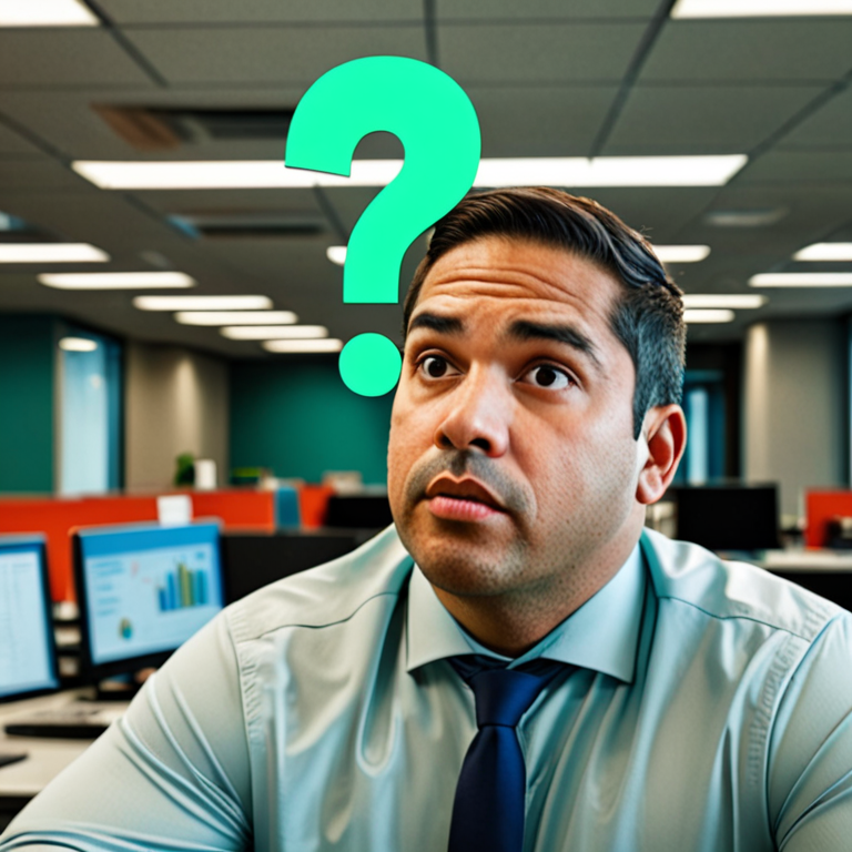 A blue-green cartoon themed person with a question mark on top of his ...