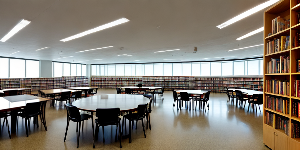 a space that combines a cafeteria and a library with tables and chairs ...