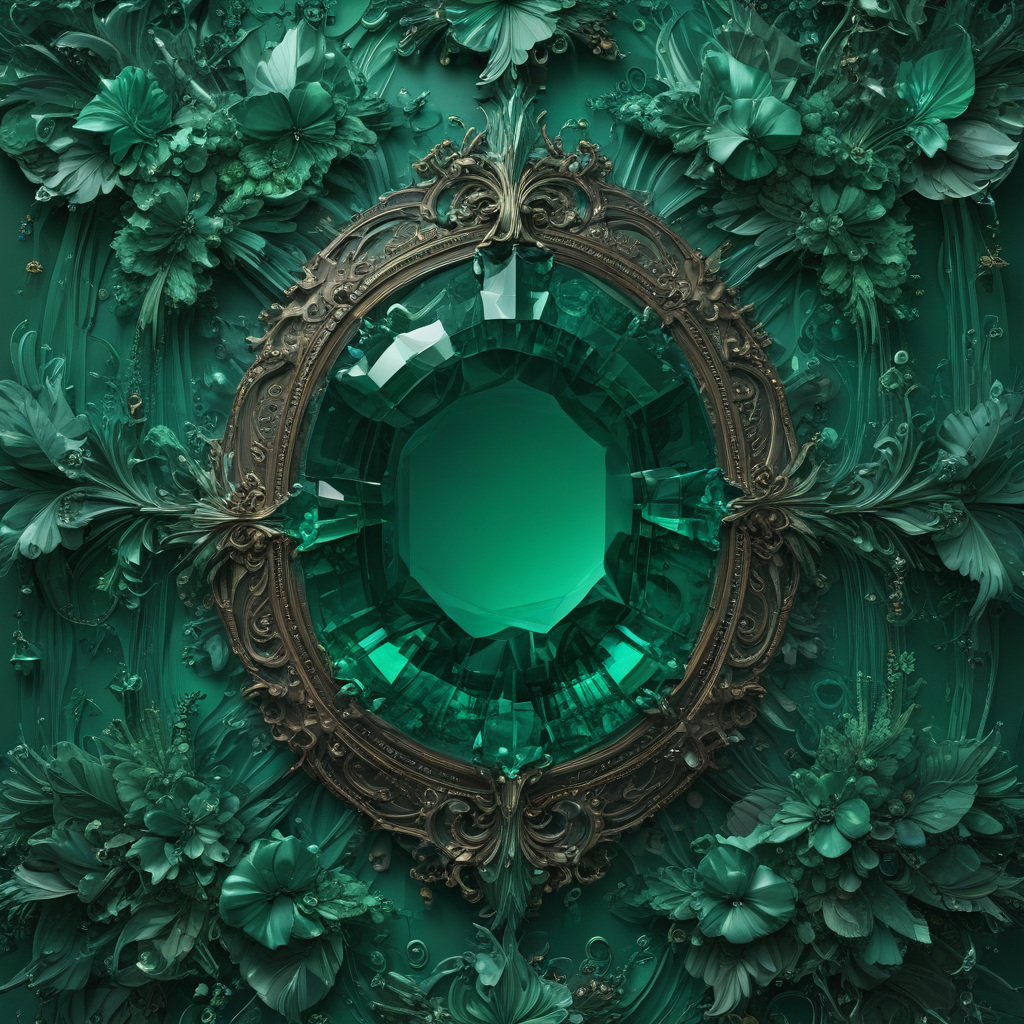 Opulent Green Gem Surrounded by Intricate Floral Patterns and Textures