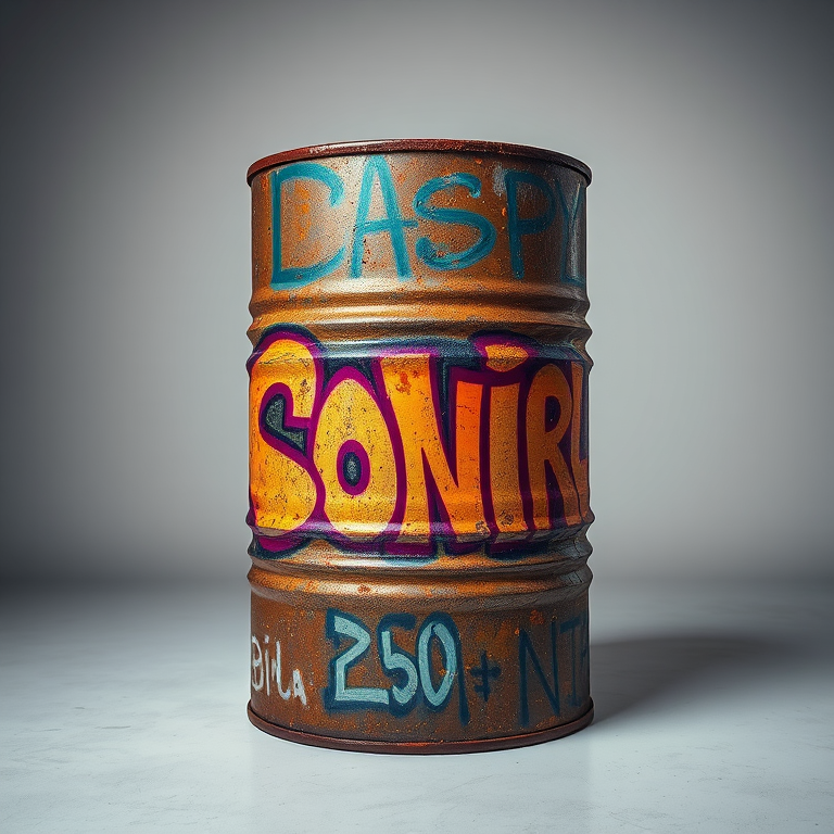 Colorful Graffiti Art on a Rusty Metal Barrel with Creative Expressions