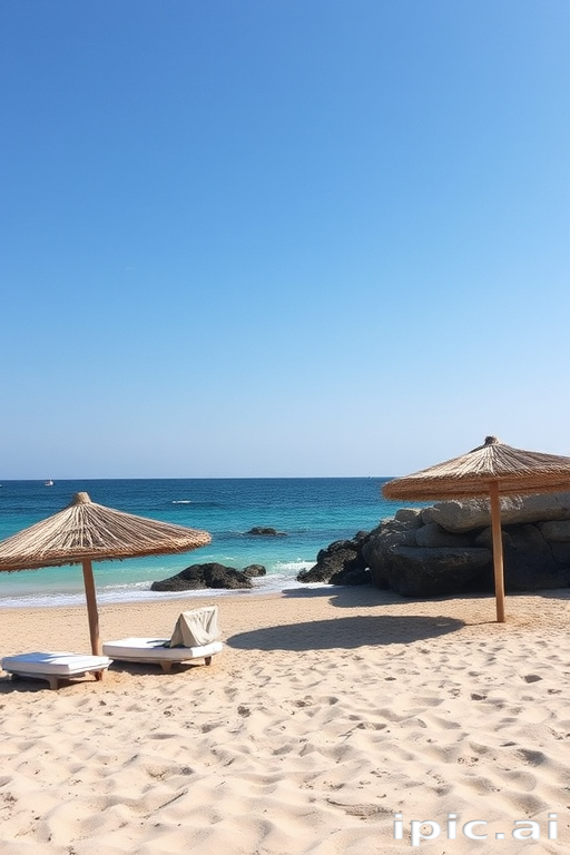 Serene Beach Scene with Sun Loungers and Umbrellas by the Ocean