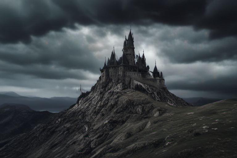 An ultra wide shot of a gothic castle on a huge grey mountain, barren ...