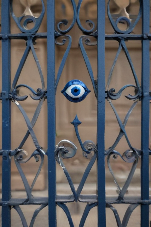wrought iron fence surrounds dark blue evil eye