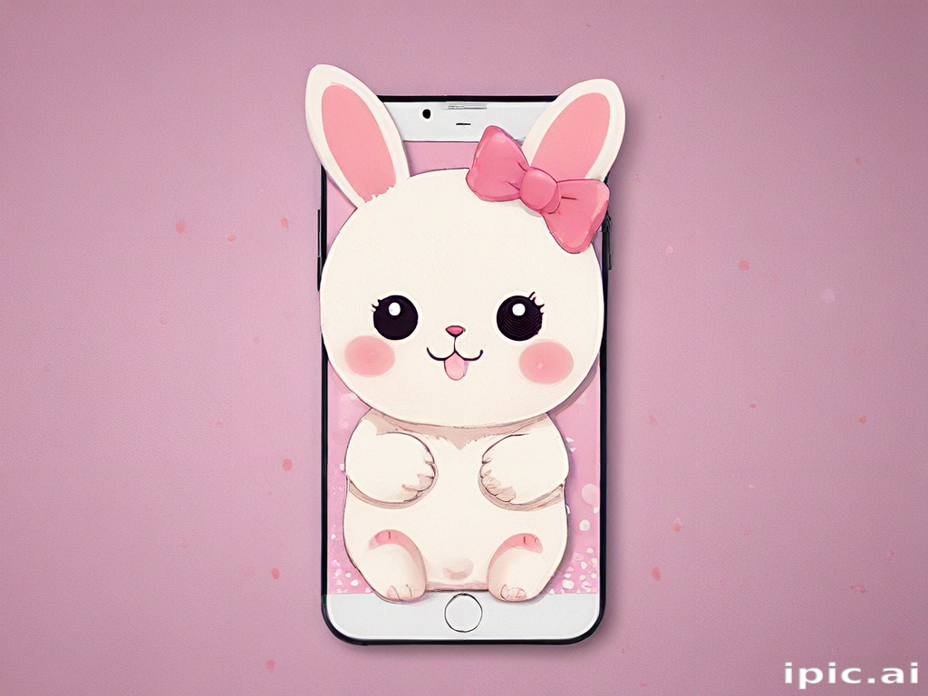 Adorable Bunny Character Peeking from a Cute Smartphone Screen Background