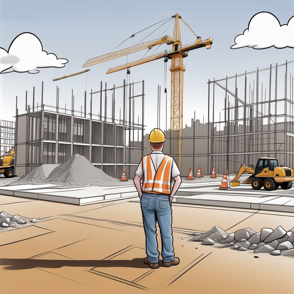 Construction Worker Observing Progress at a Busy Building Site with ...
