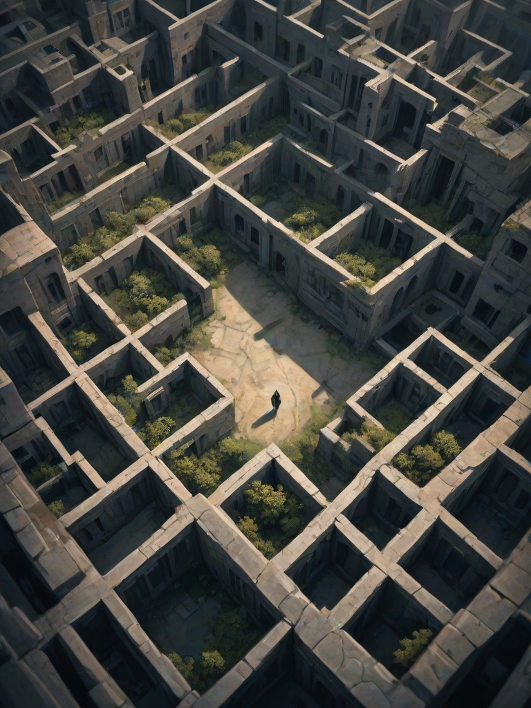 Aerial View of a Complex Maze with Overgrown Vegetation and Solitary Figure