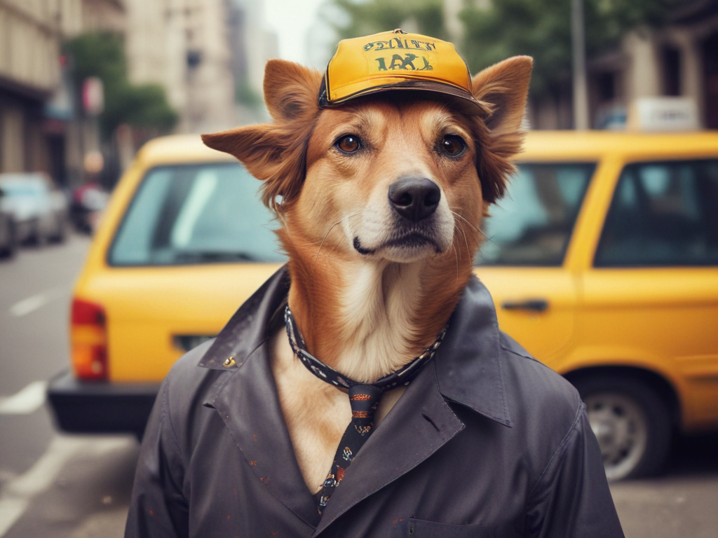 a taxi driver with a dogs head instead of a human head