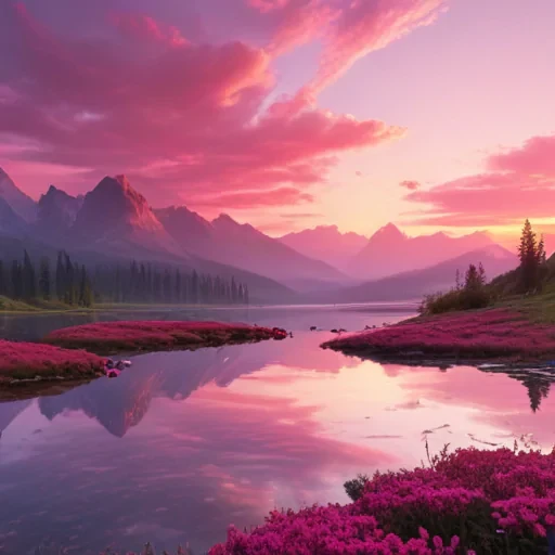 Serene Sunset Over a Pink-Hued Lake Surrounded by Majestic Mountains