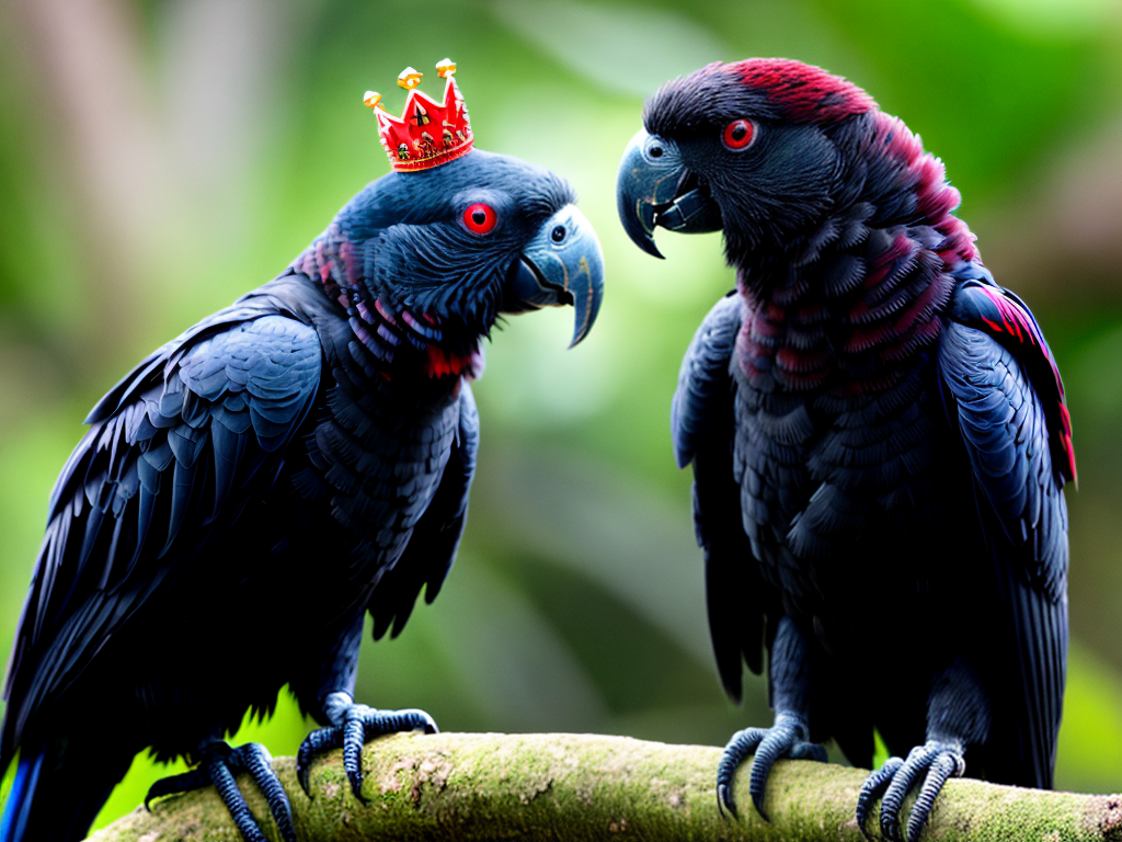 black parrot with red eyes and crown of bones