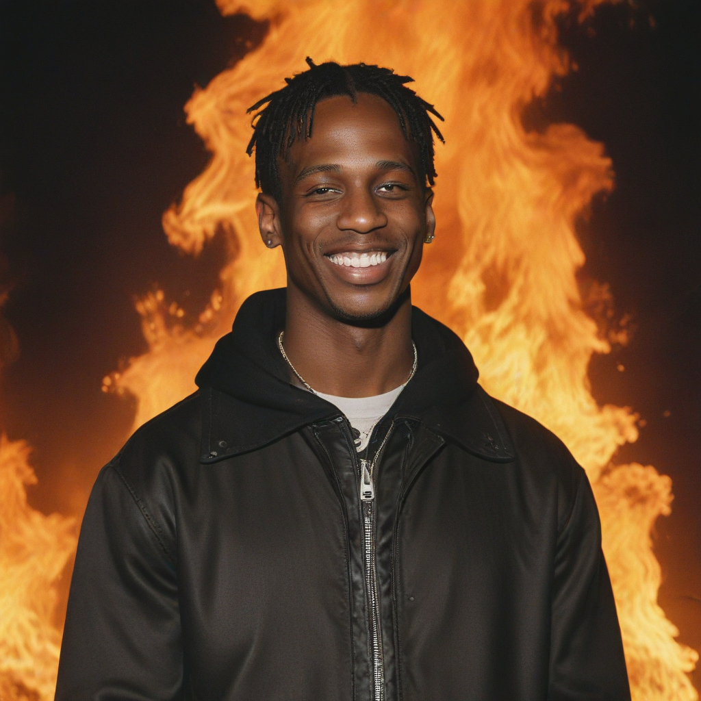 travis scott smiling cold faliing in a hole full of fire