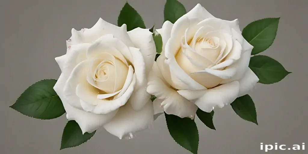 Elegant Display of Two Beautiful White Roses with Green Leaves