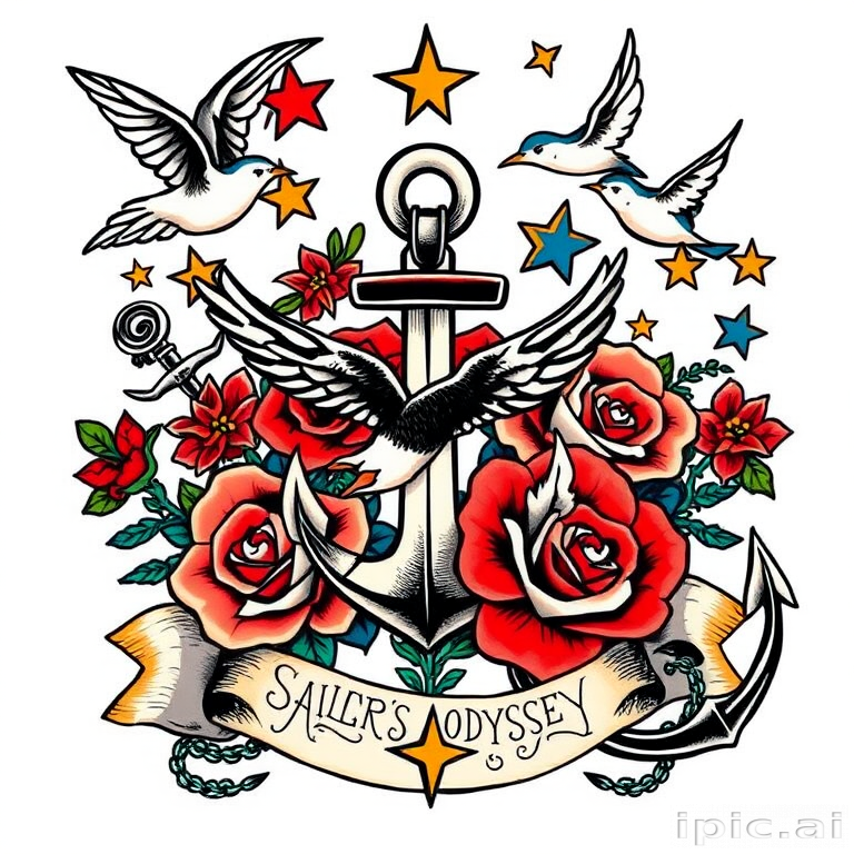 Colorful Nautical Tattoo Design Featuring an Anchor, Roses, and Birds