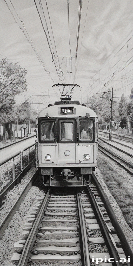 Realistic Drawing of a Train Approaching on Dual Tracks Surrounded by Trees