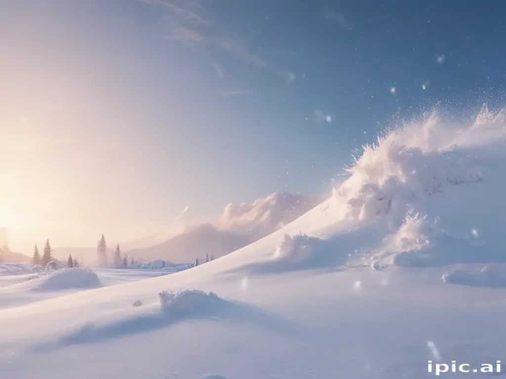 A Serene Winter Landscape with Snow-Covered Mountains and Gentle Sunlight.