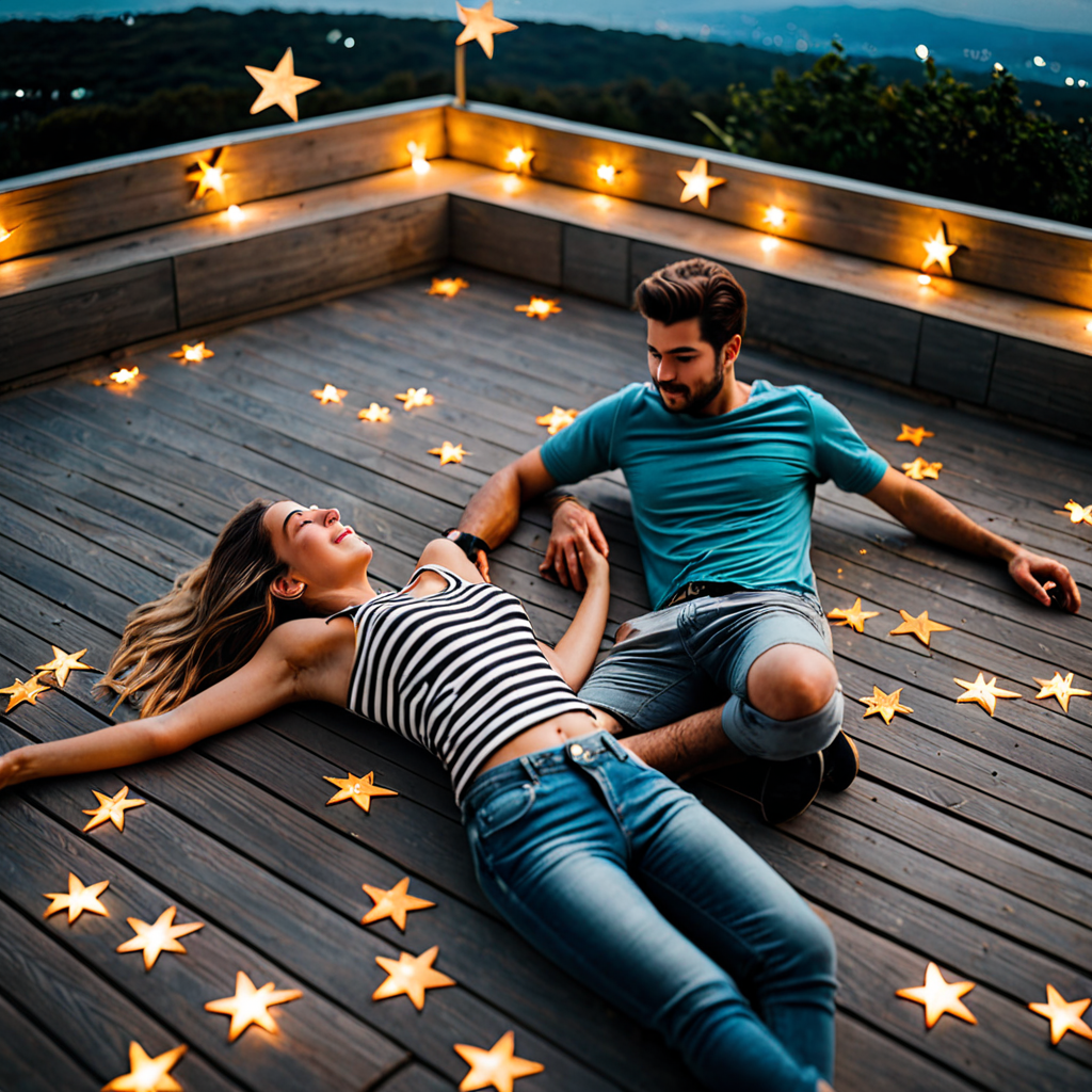 couple laying on floor and doing star gazing on terrace