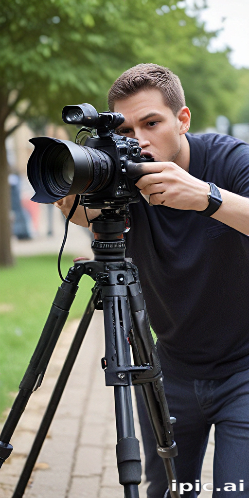 Young Photographer Adjusting Camera Settings on Tripod in Urban Park