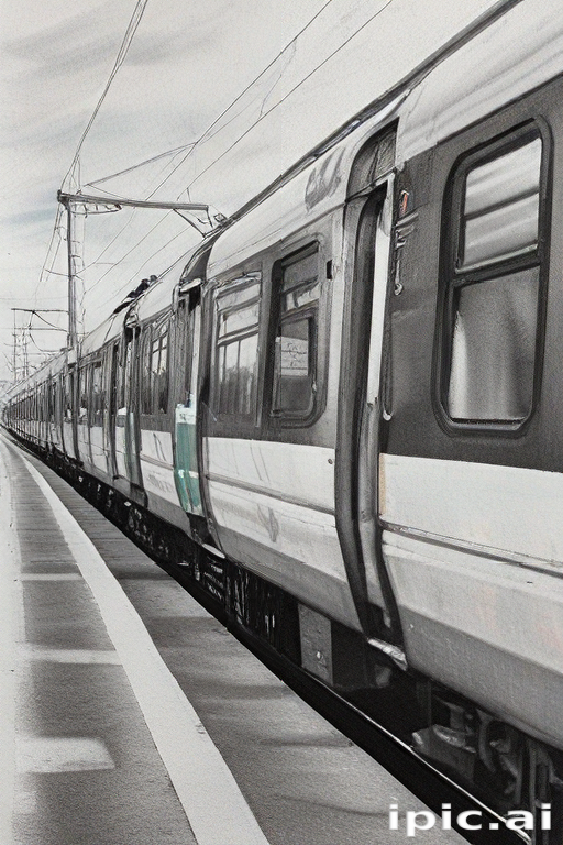 Urban Train Station Scene Featuring a Long Commuter Train on Tracks
