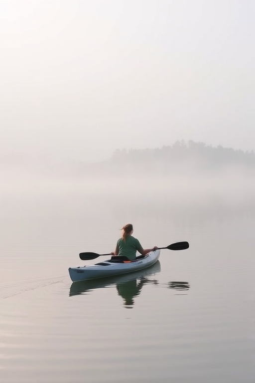 Serene Morning Kayaking Adventure on a Misty Calm Lake