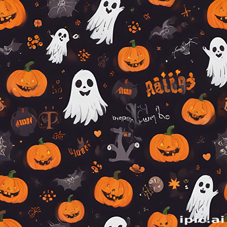 A Spooky Halloween Pattern Featuring Ghosts, Pumpkins, Bats, and Fun Icons.