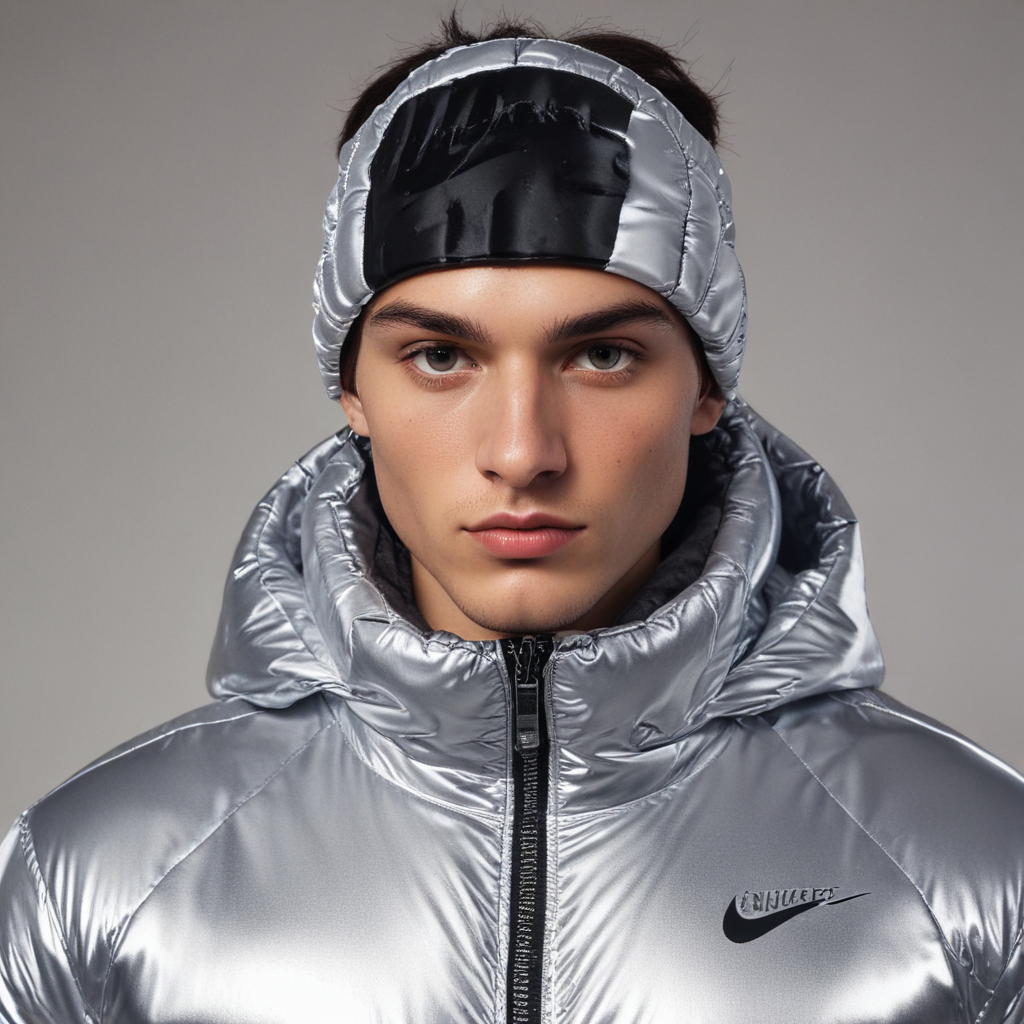 Male supermodel nike shiny puffer jacket bling jewellery hood headband