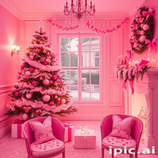 Whimsical Pink Christmas Decor with Tree, Gifts, and Cozy Seating Area