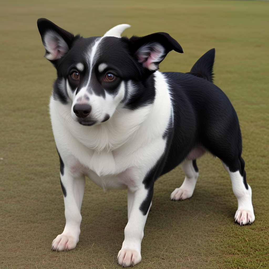 A Playful Black and White Corgi Standing on a Green Field.