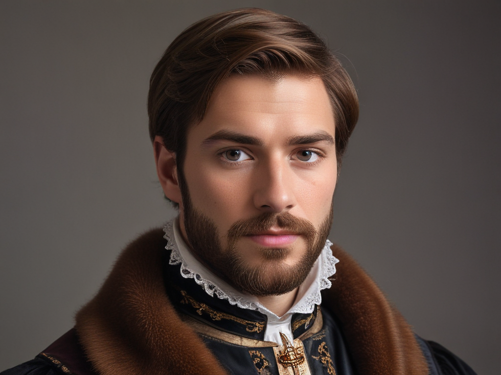masculine tudor duke with collar length brown hair and beard colour ...