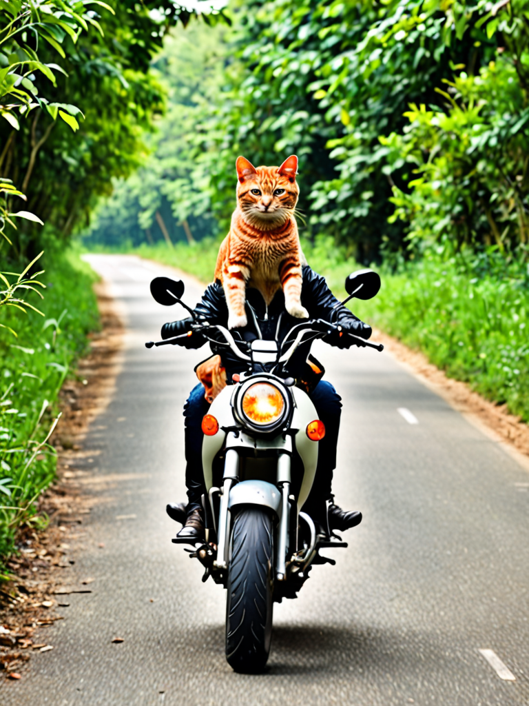 Cow riding a motorcycle with a cat on its back