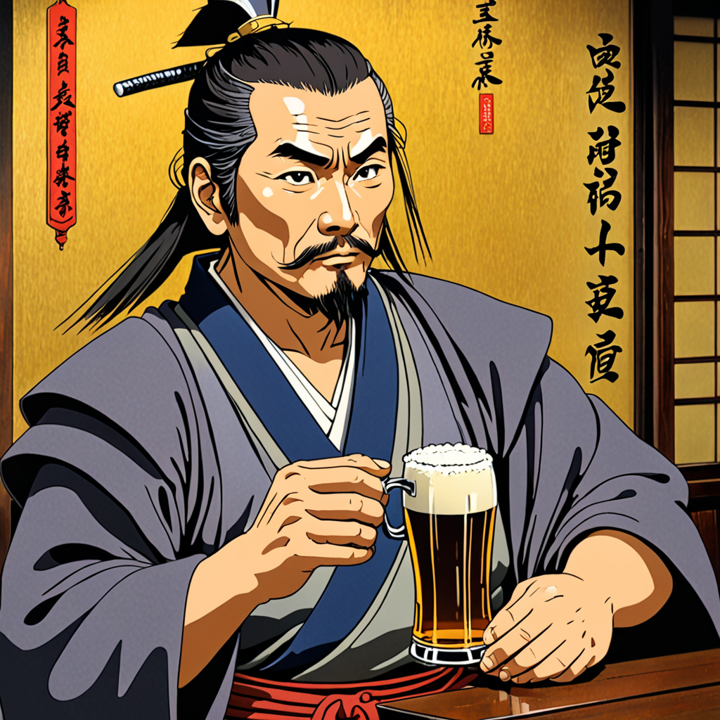 samurai drinking tall beer studio ghibli style