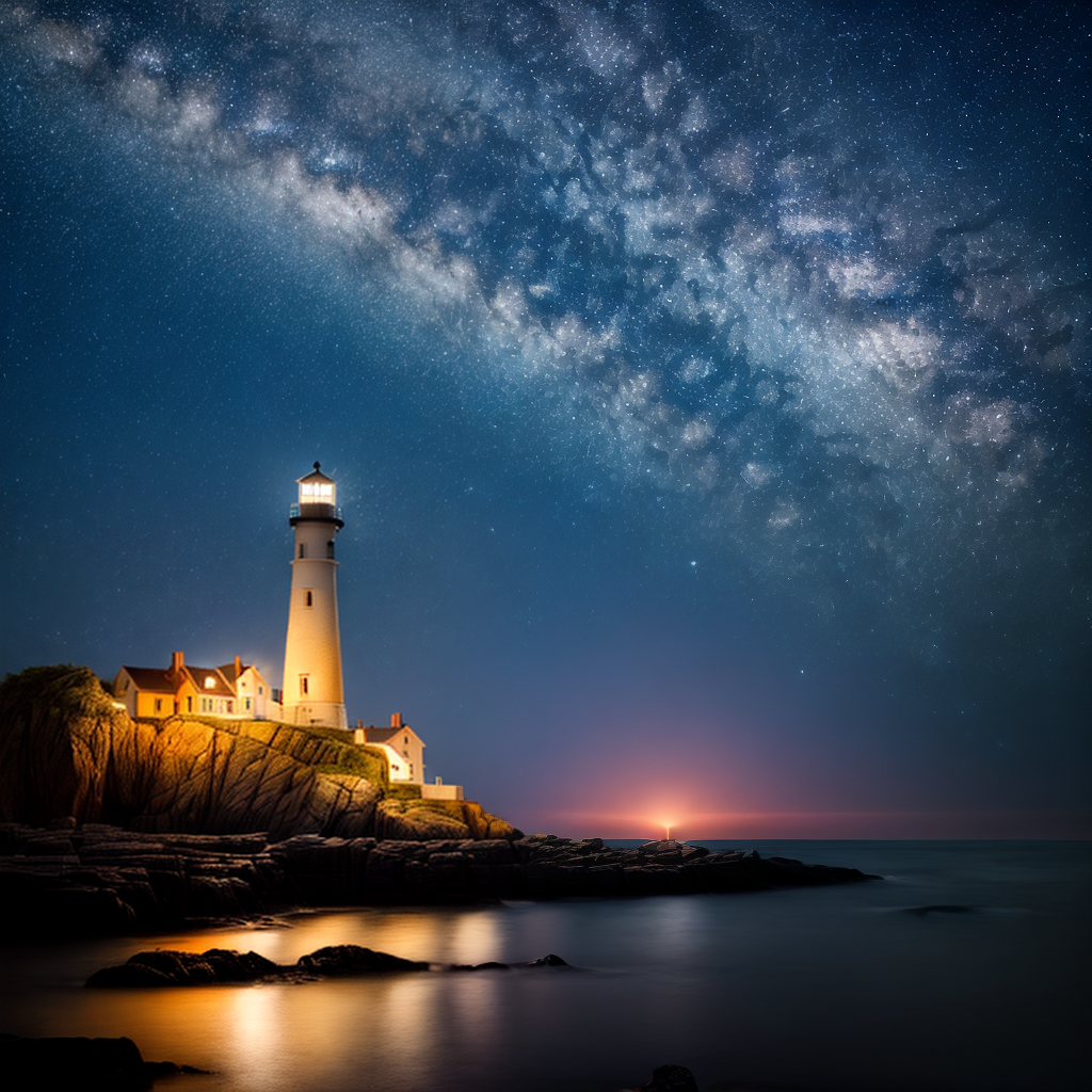 Lighthouse shining sail boat on a dark night