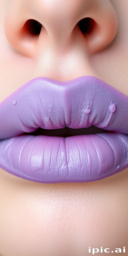Close-Up of Glossy Lavender Lips with Dripping Lip Gloss Detail